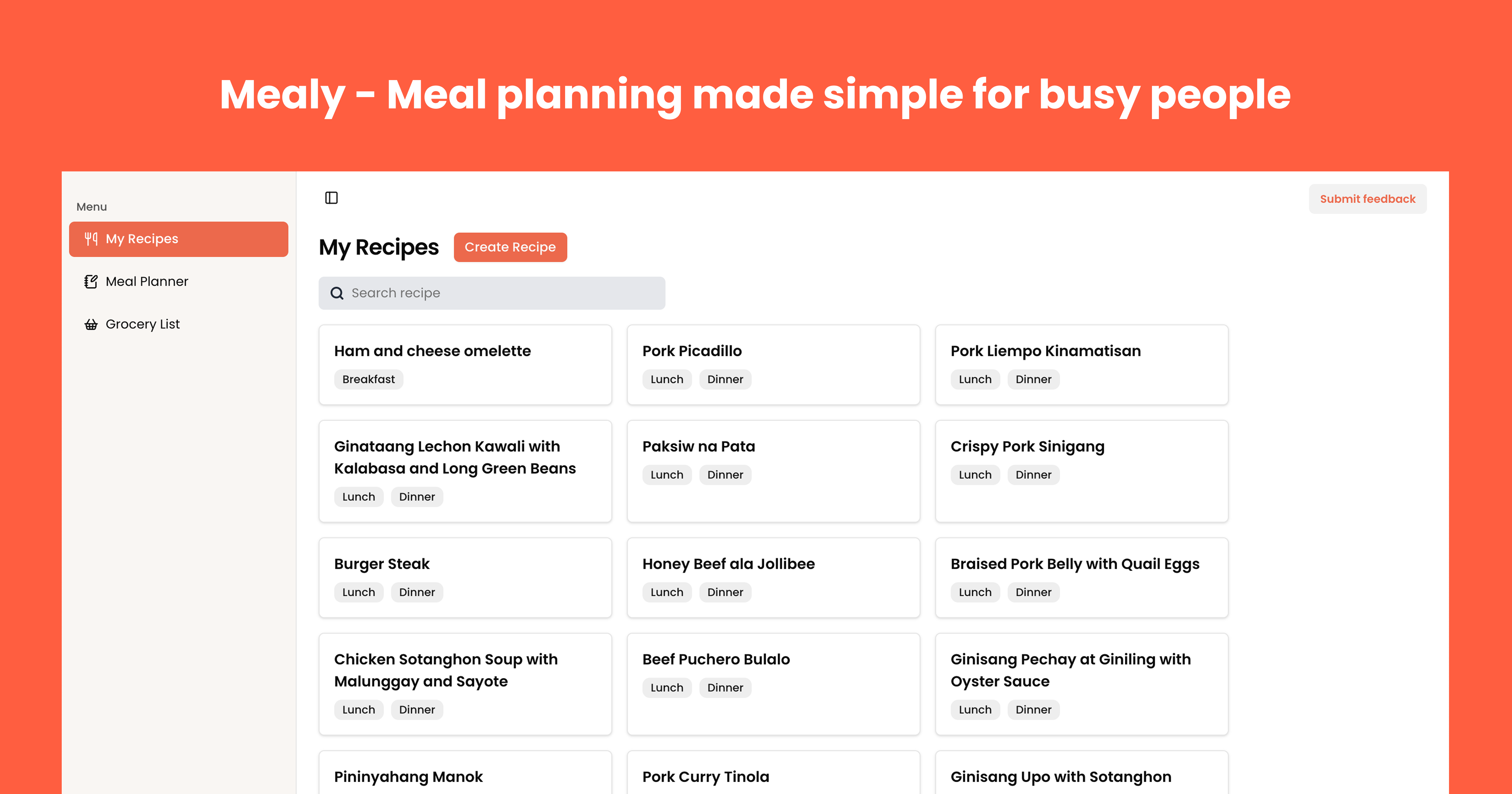 Mealy | Weekly meal plan and grocery list made simple for busy people